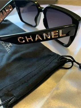 CHANEL | Accessories | Chanel Black Sunglasses With Gold Logo Accents ...